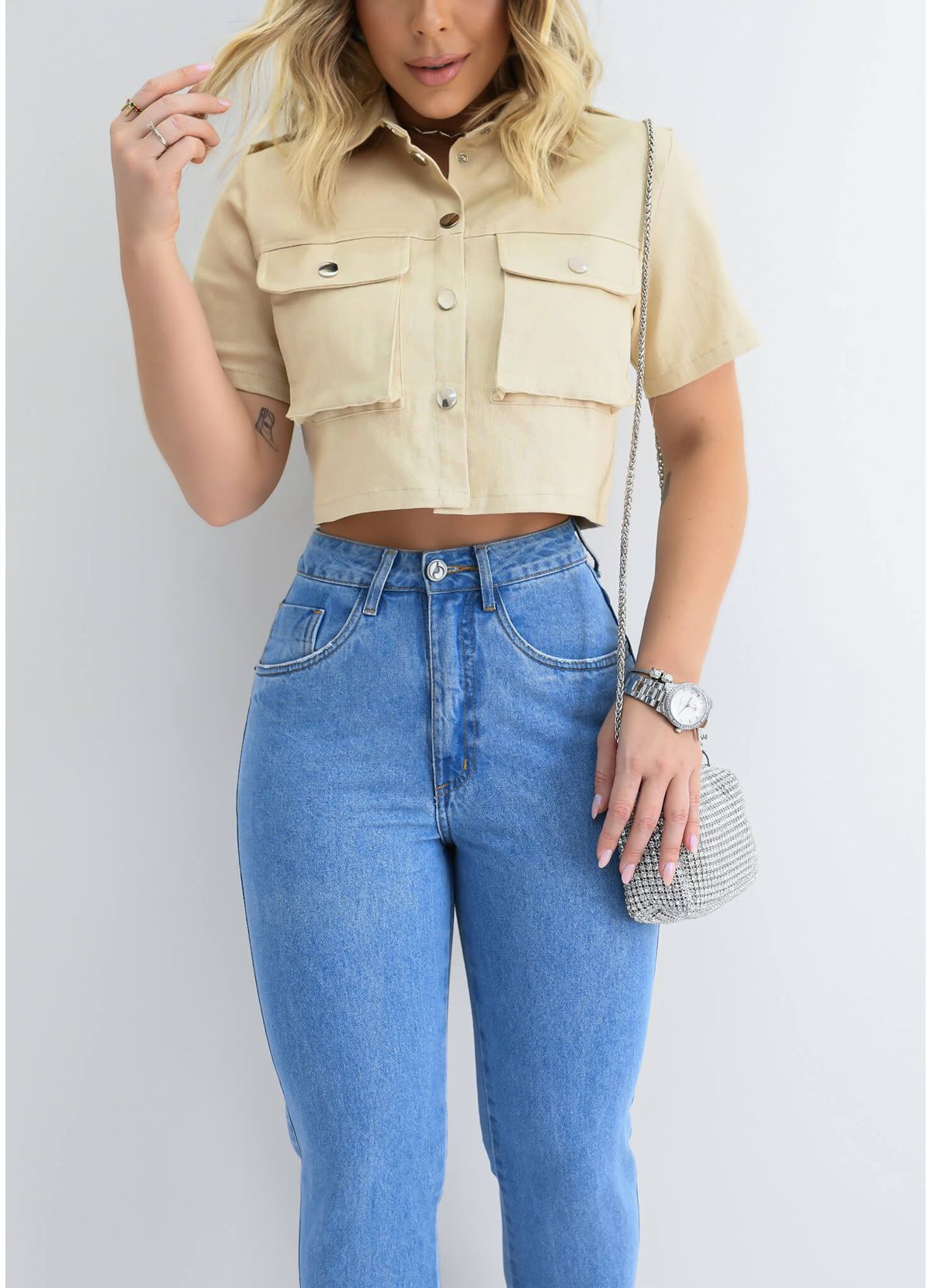 Camisa Cropped Sarja Button Onlauri