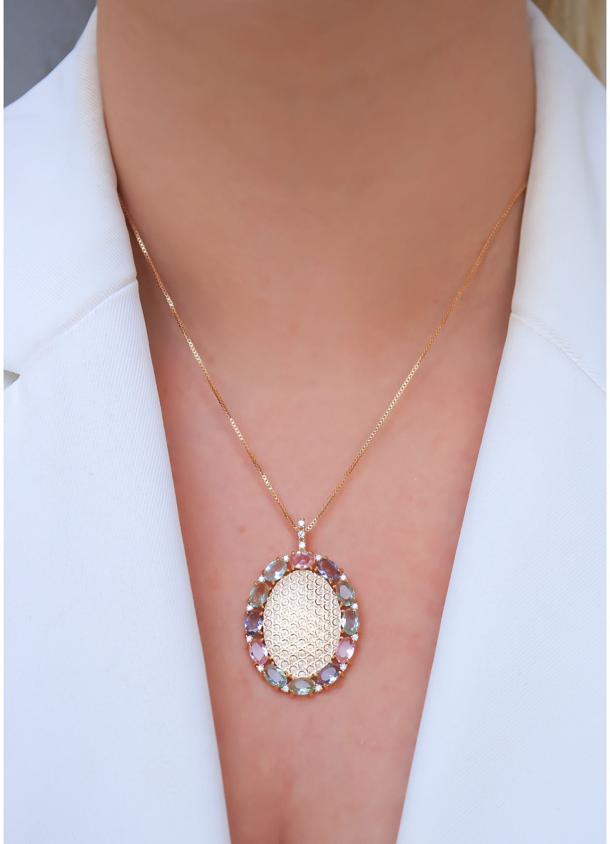 Conjunto Texture Colar/ Brinco Oval c/ Pedras Semijoia - onlauri